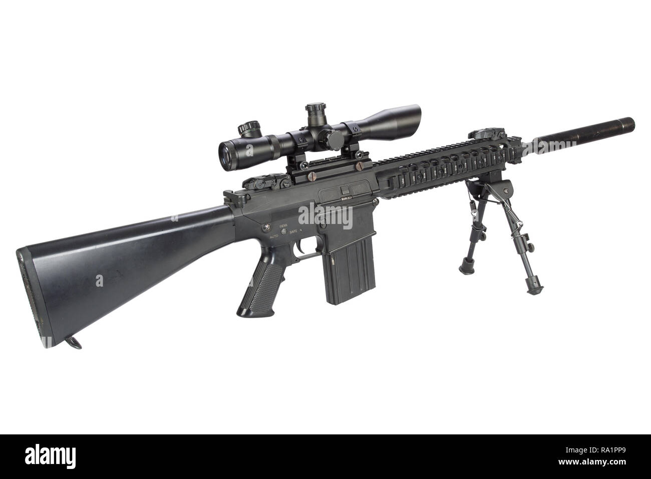 semi automatic sniper rifle with bipod and silencer isolated on a white ...
