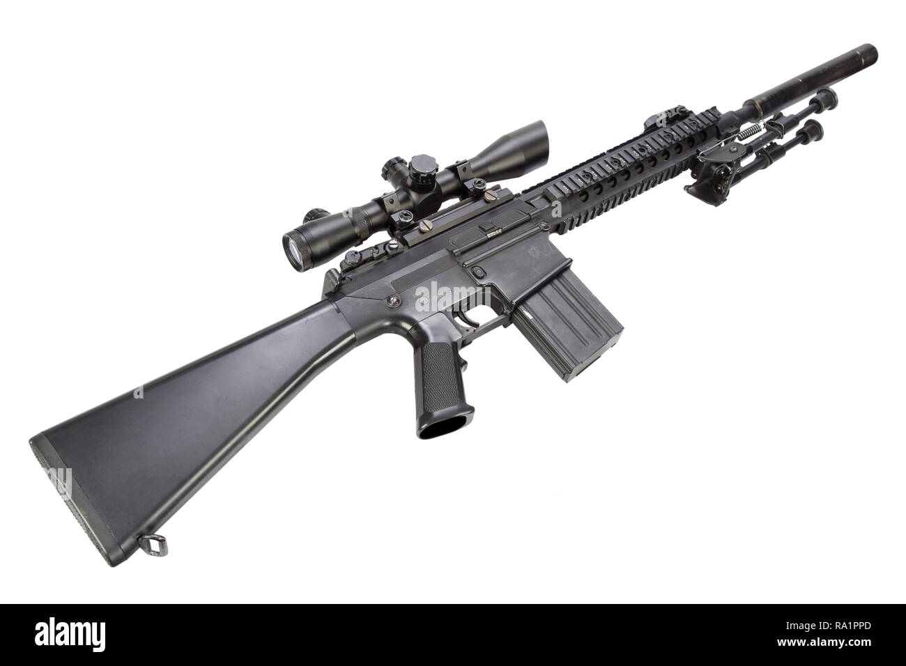 semi automatic sniper rifle with bipod and silencer isolated on a white ...