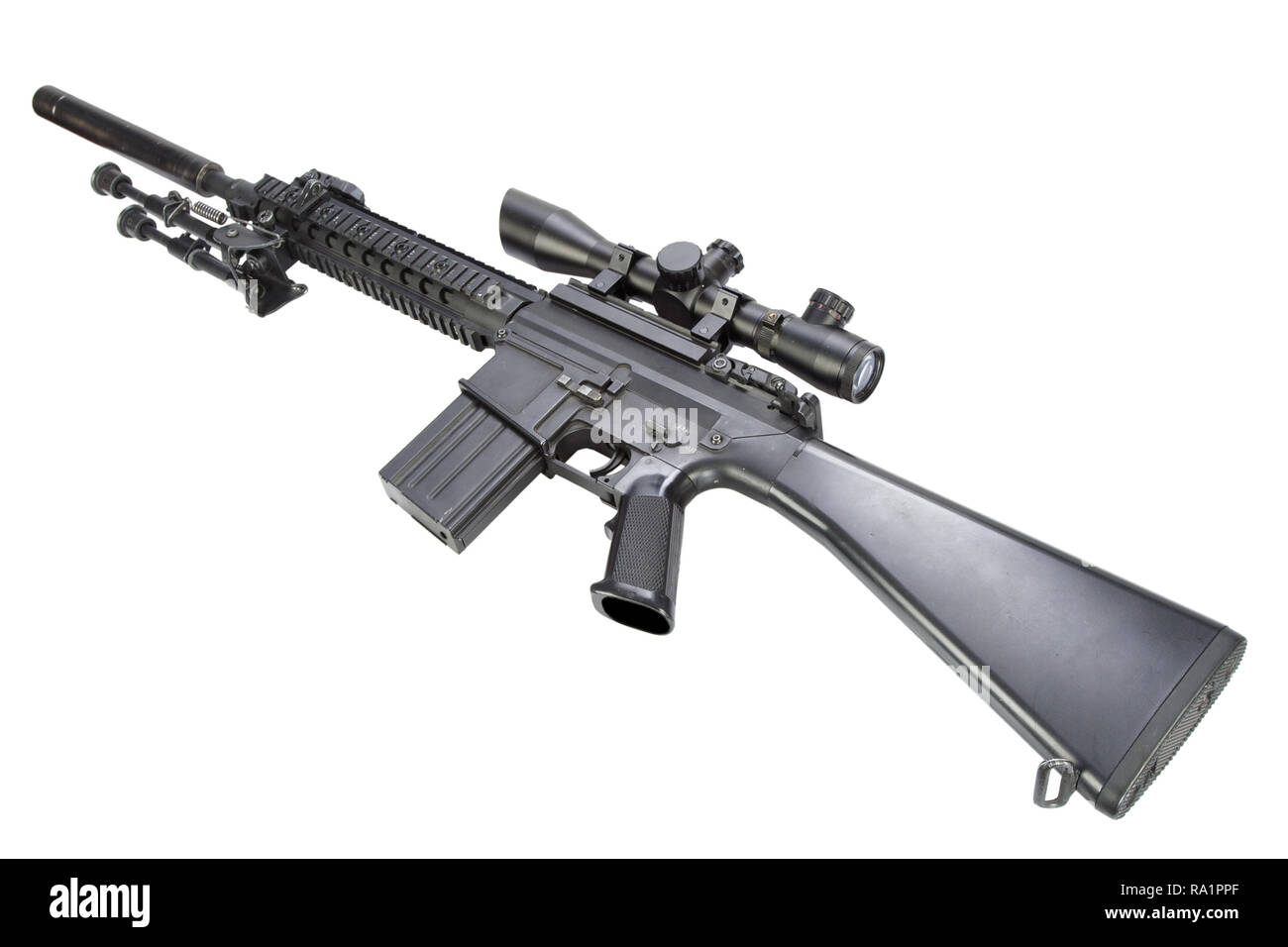 semi automatic sniper rifle with bipod and silencer isolated on a white ...
