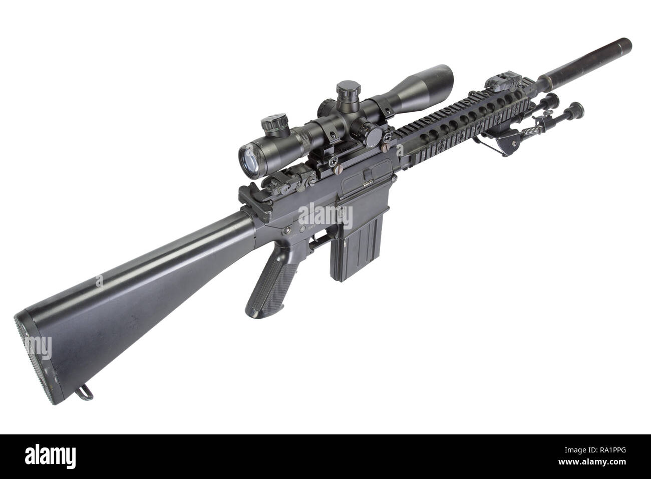 semi automatic sniper rifle with bipod and silencer isolated on a white ...