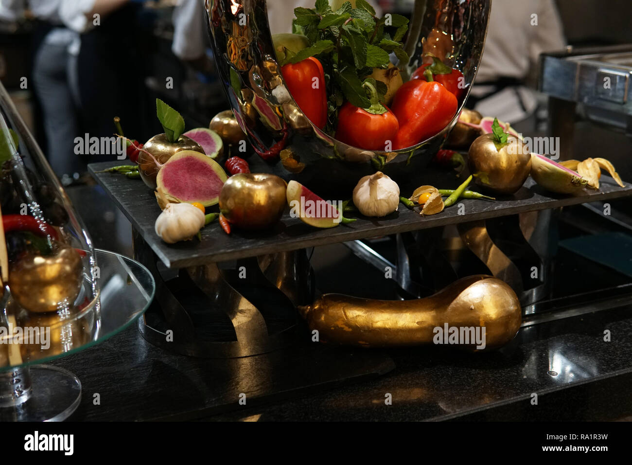 fresh vegetables in the kitchen of the restaurant with aromatic spices ...