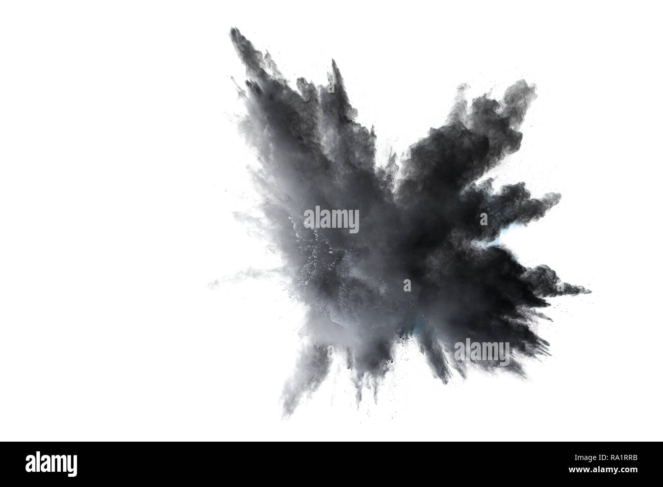 Black powder explosion against white background.The particles of ...