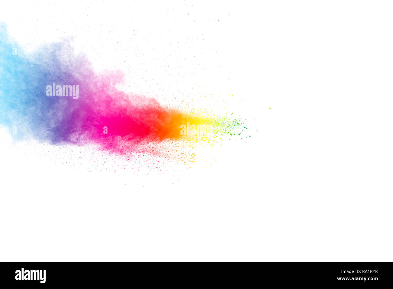 abstract multicolored powder splatter on white background. Freeze ...
