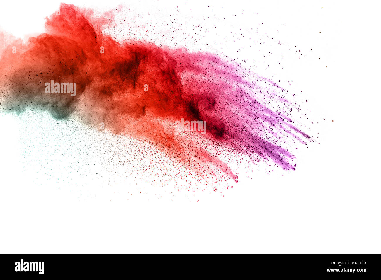 abstract multicolored powder splatter on white background. Freeze ...