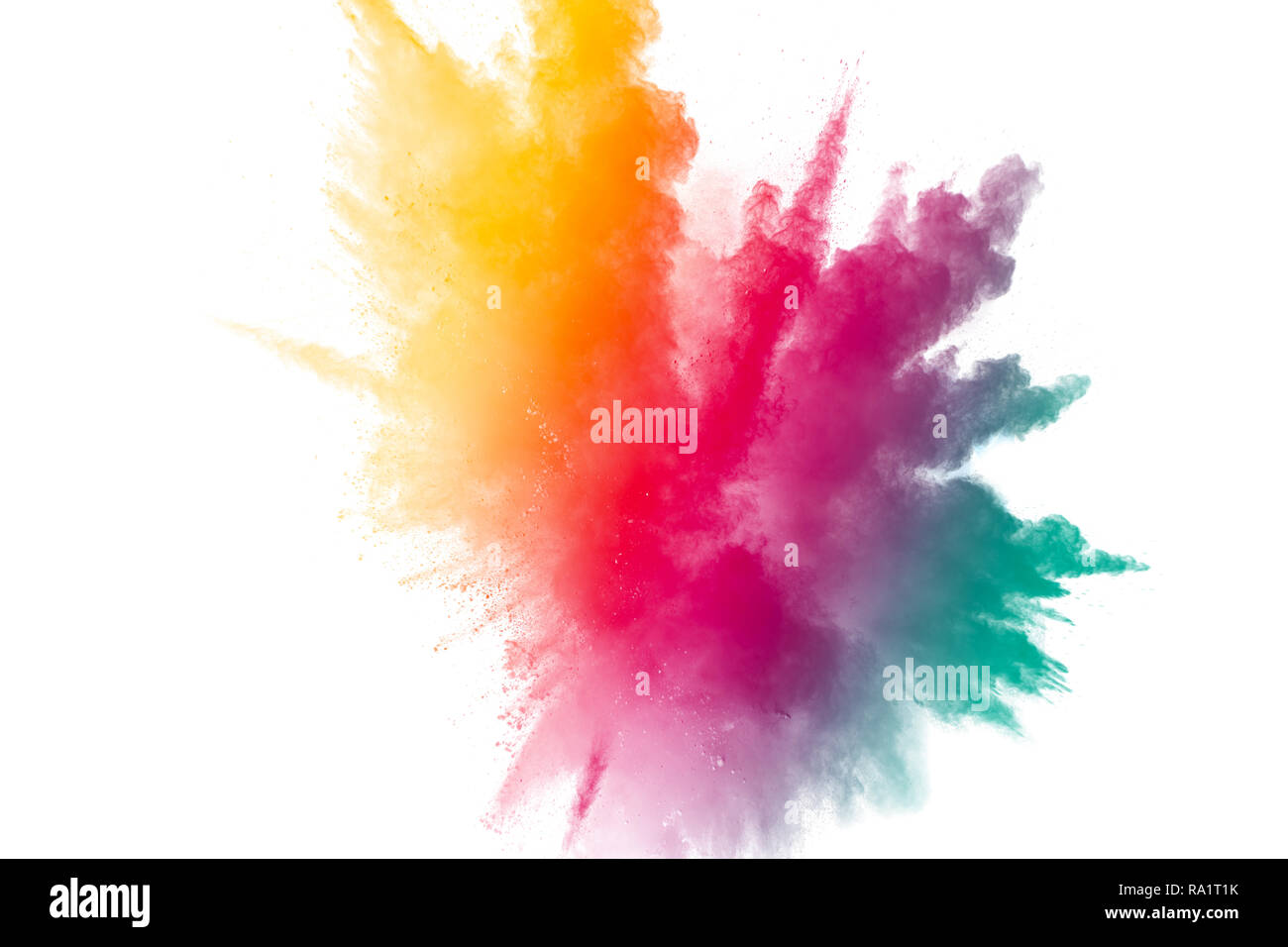 abstract multicolored powder splatter on white background. Freeze ...