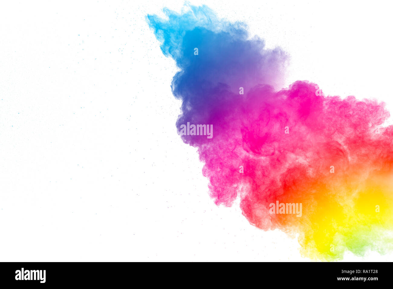 abstract multicolored powder splatter on white background. Freeze ...