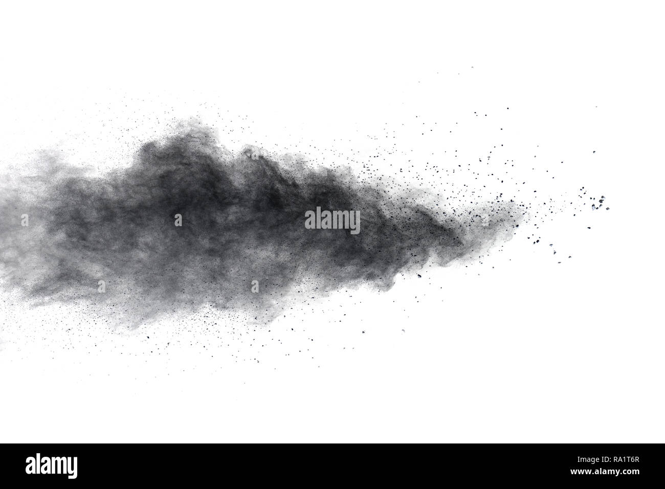 Black powder explosion against white background.The particles of ...