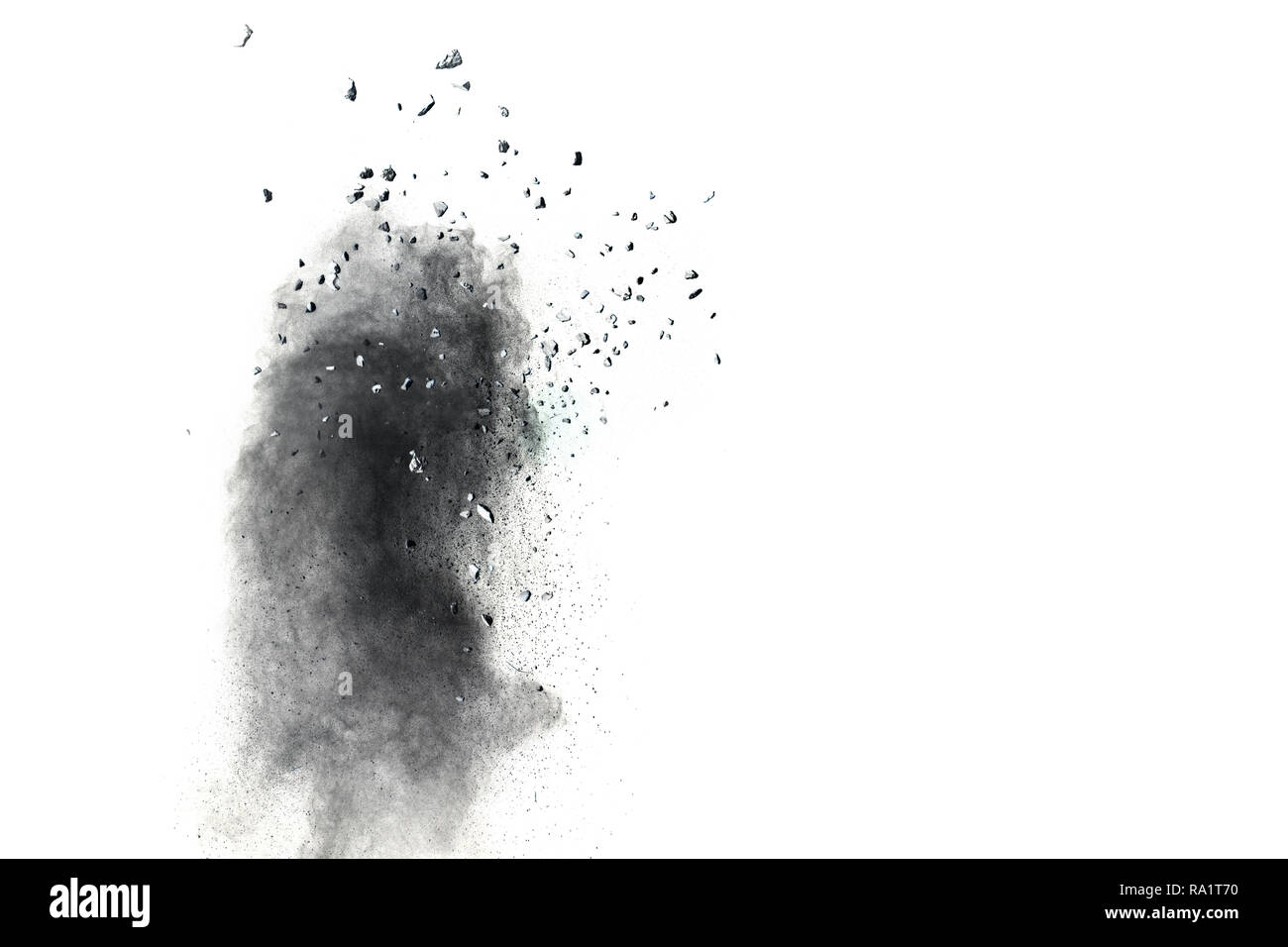 Black powder explosion against white background.The particles of ...