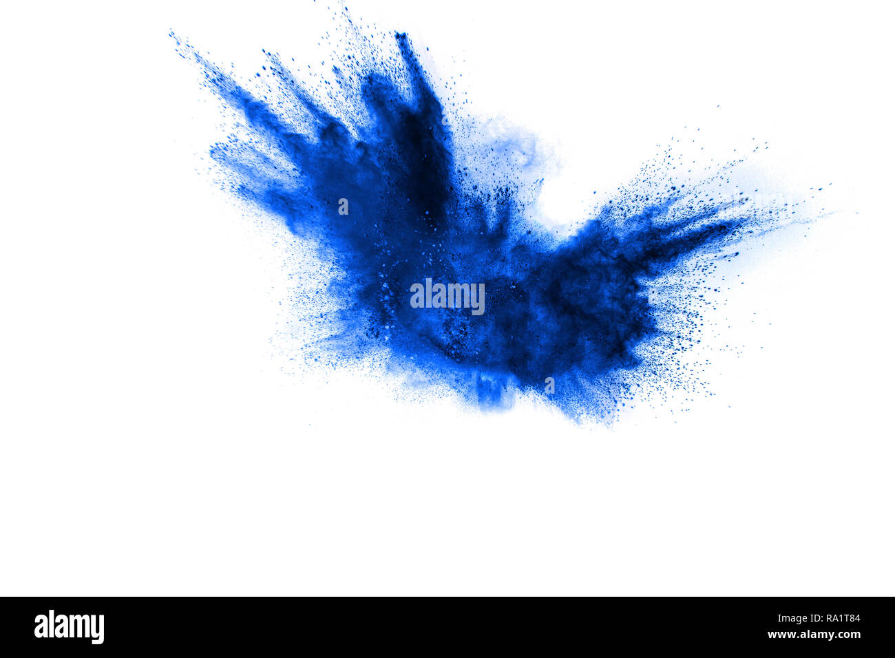 Abstract blue dust explosion on white background. Blue powder ...
