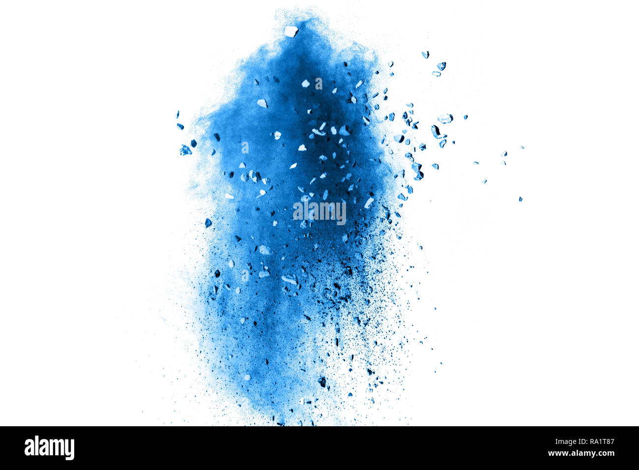 Abstract blue dust explosion on white background. Blue powder ...