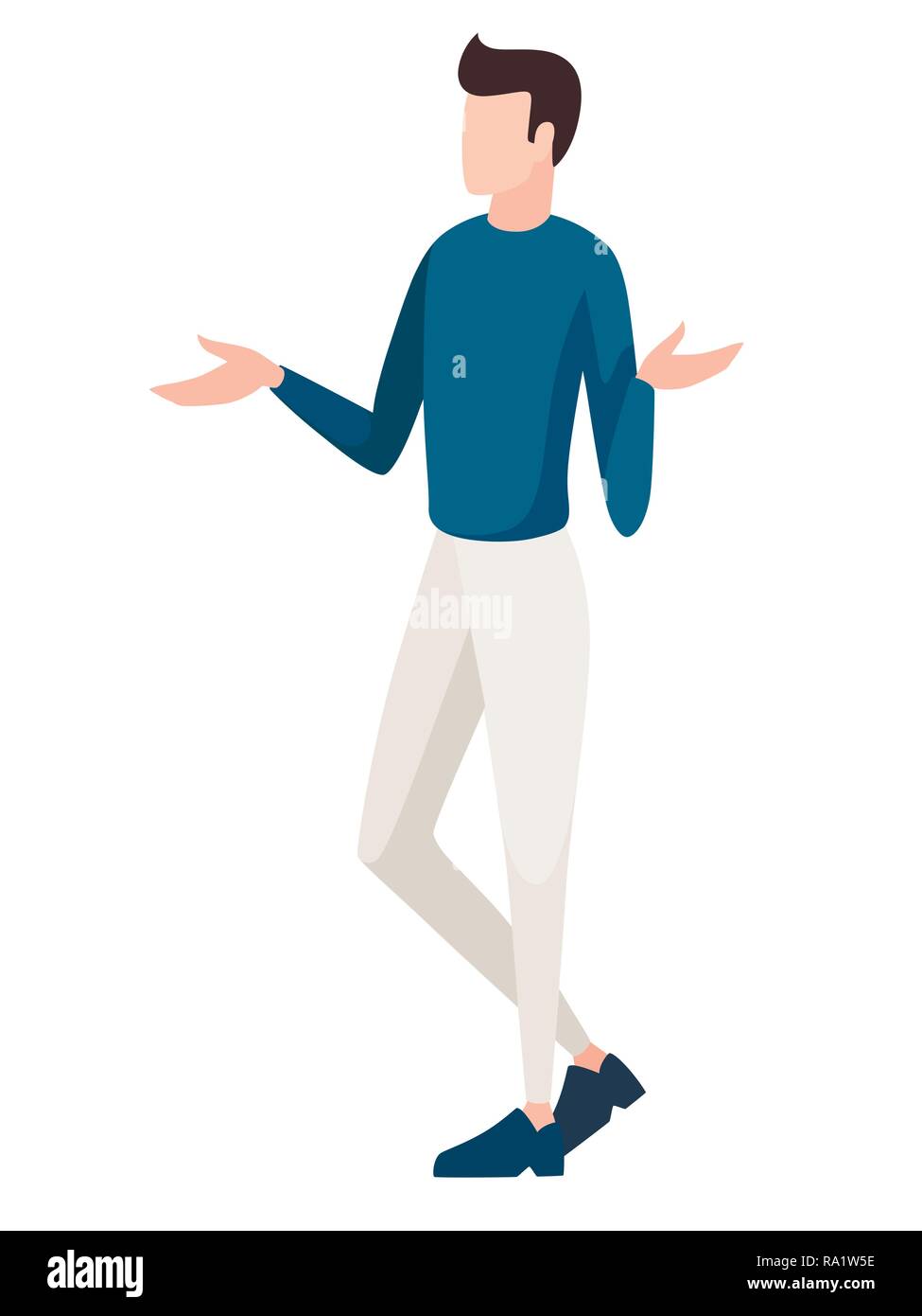 Man in white pants and blue pullover standing. No face design. Cartoon ...