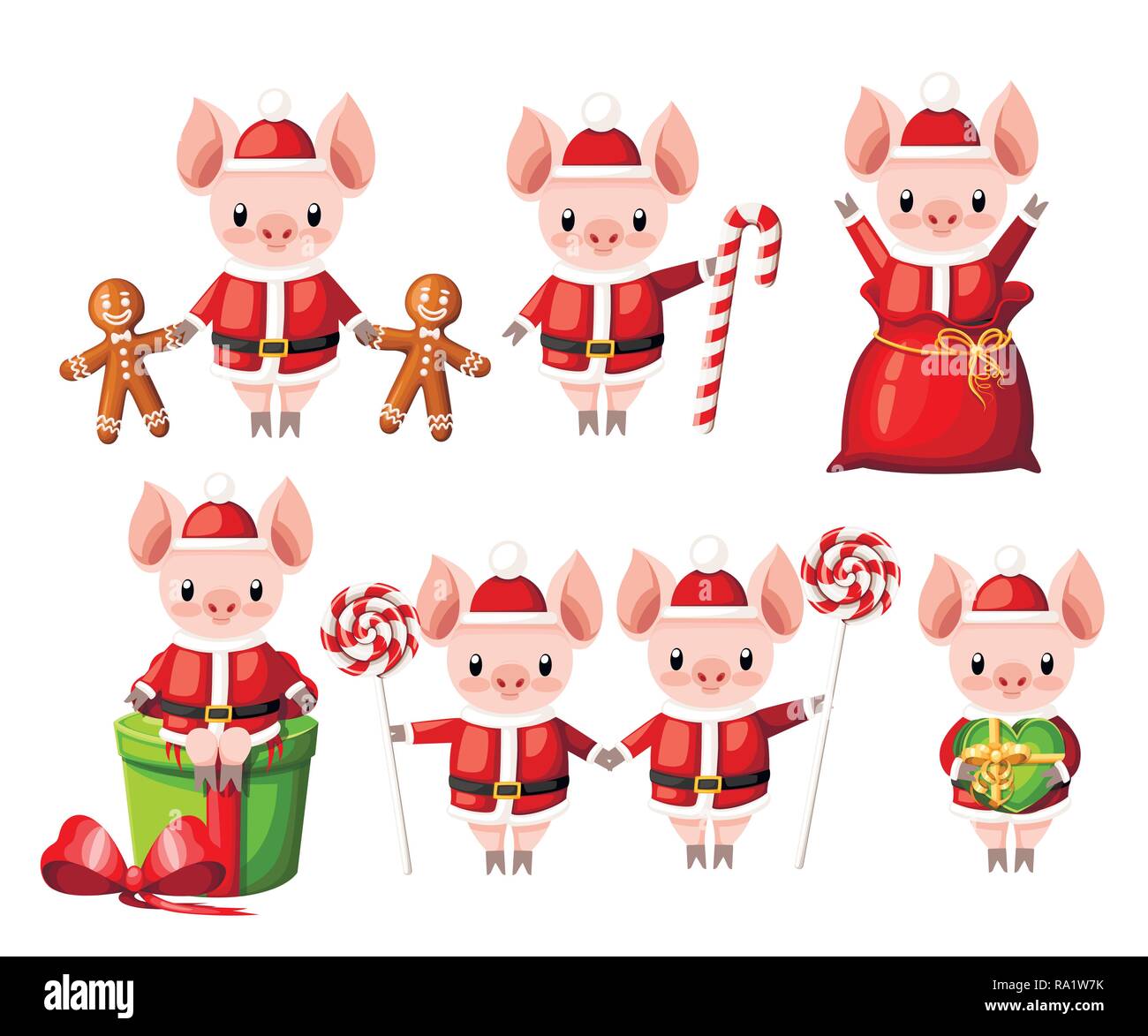 Cute pig in Christmas santa costume collection. Cartoon character ...