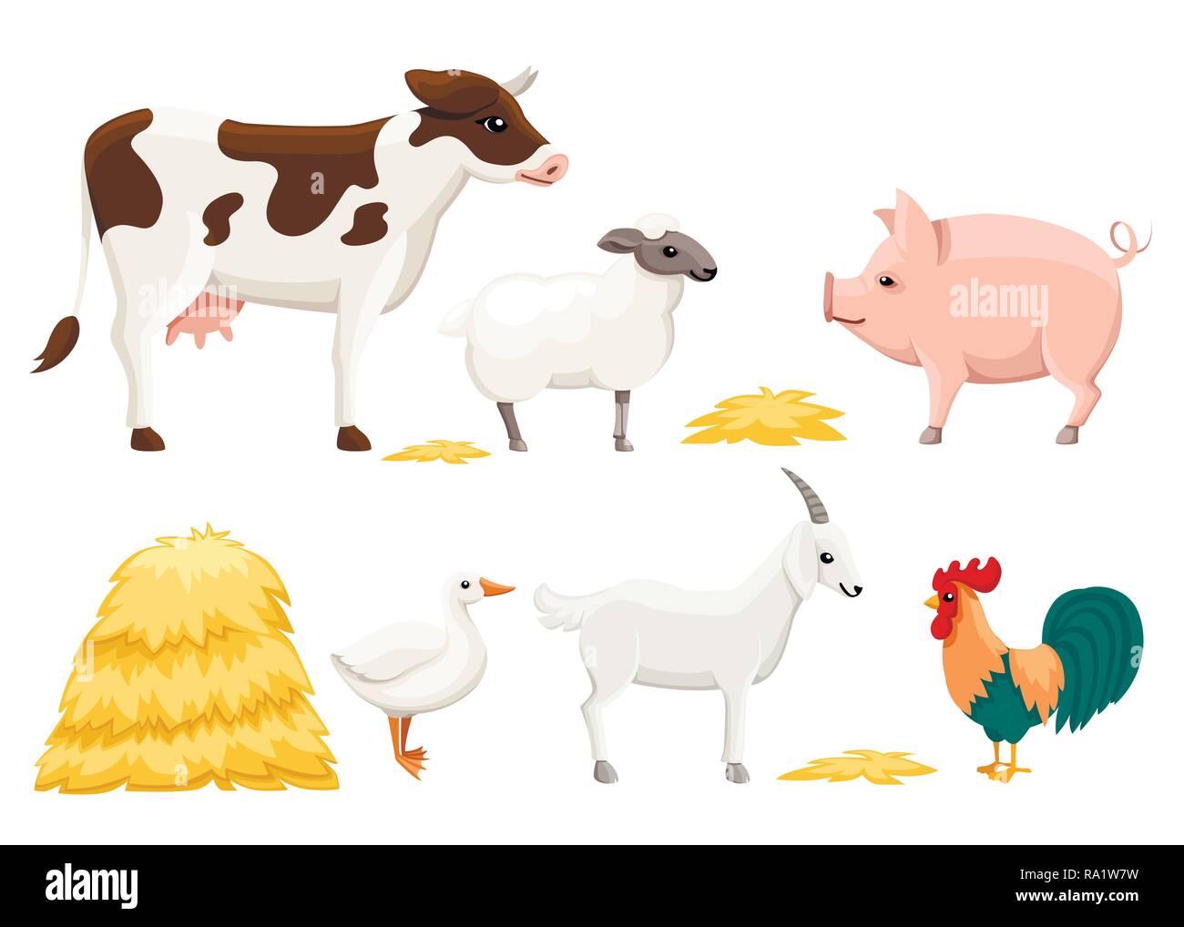 Animal farm set with stack of hay. Domestic animal collection. Cartoon ...