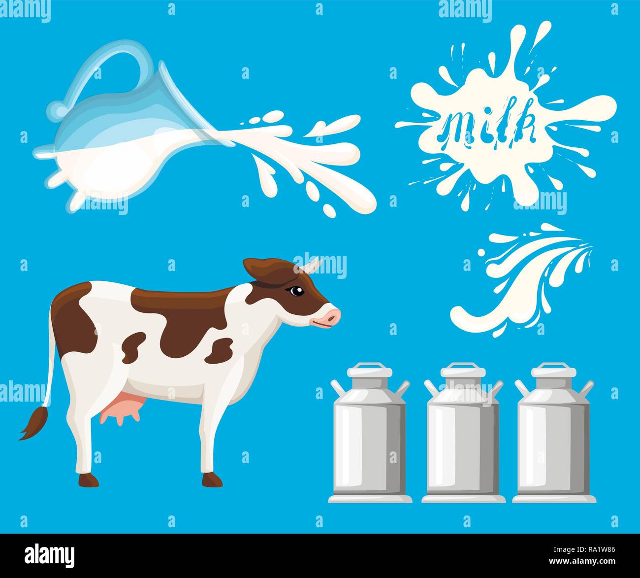 Dripping and flow milk. Splash drop cream or yogurt. Cow and milk cans ...