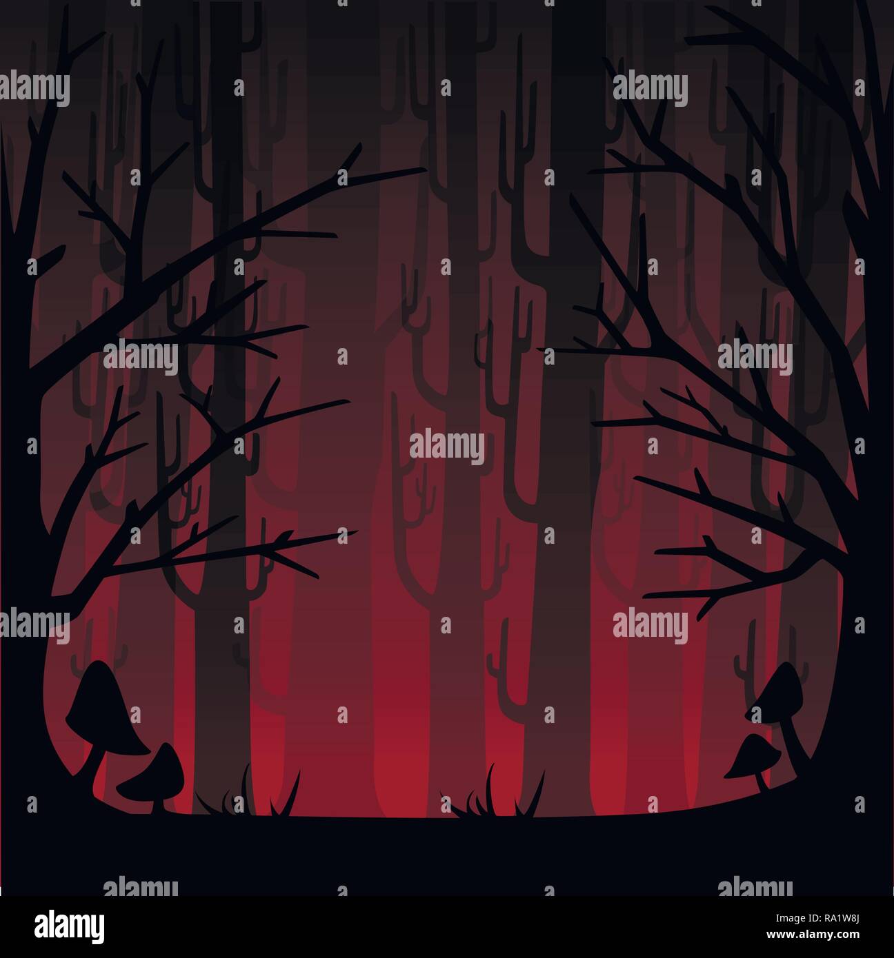 Dark forest with red fog. Misty woods for game or website concept ...
