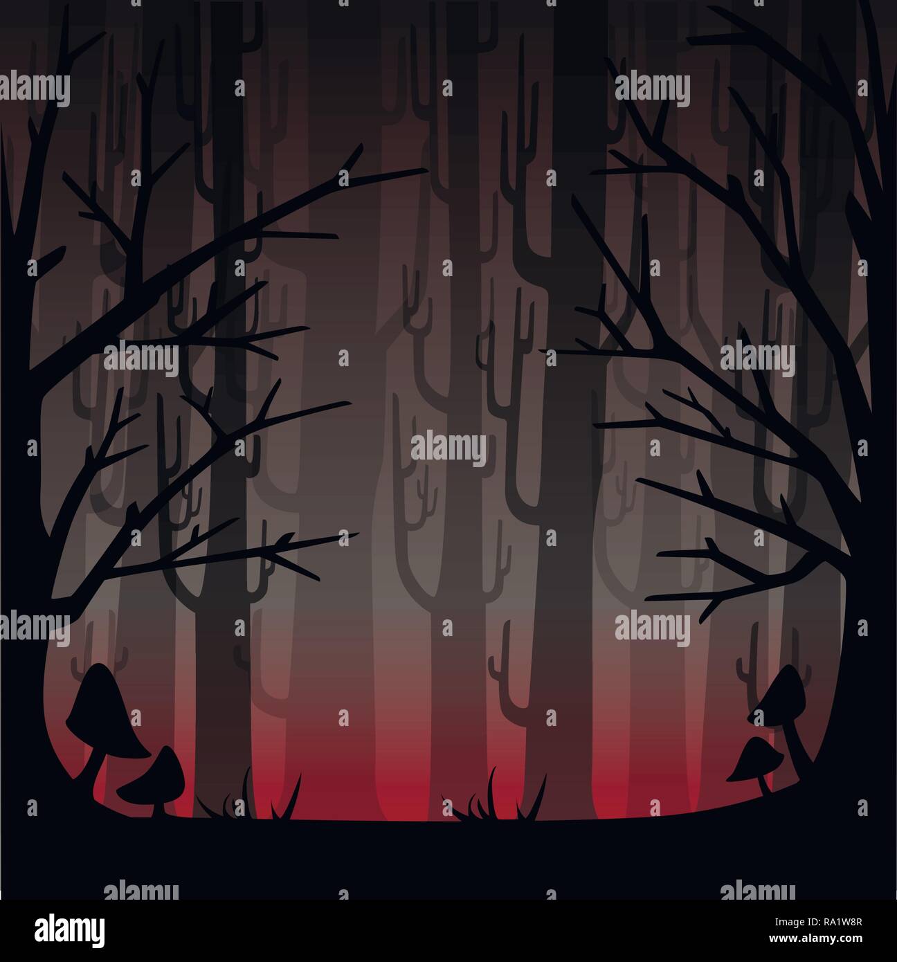 Dark forest with red fog. Misty woods for game or website concept ...