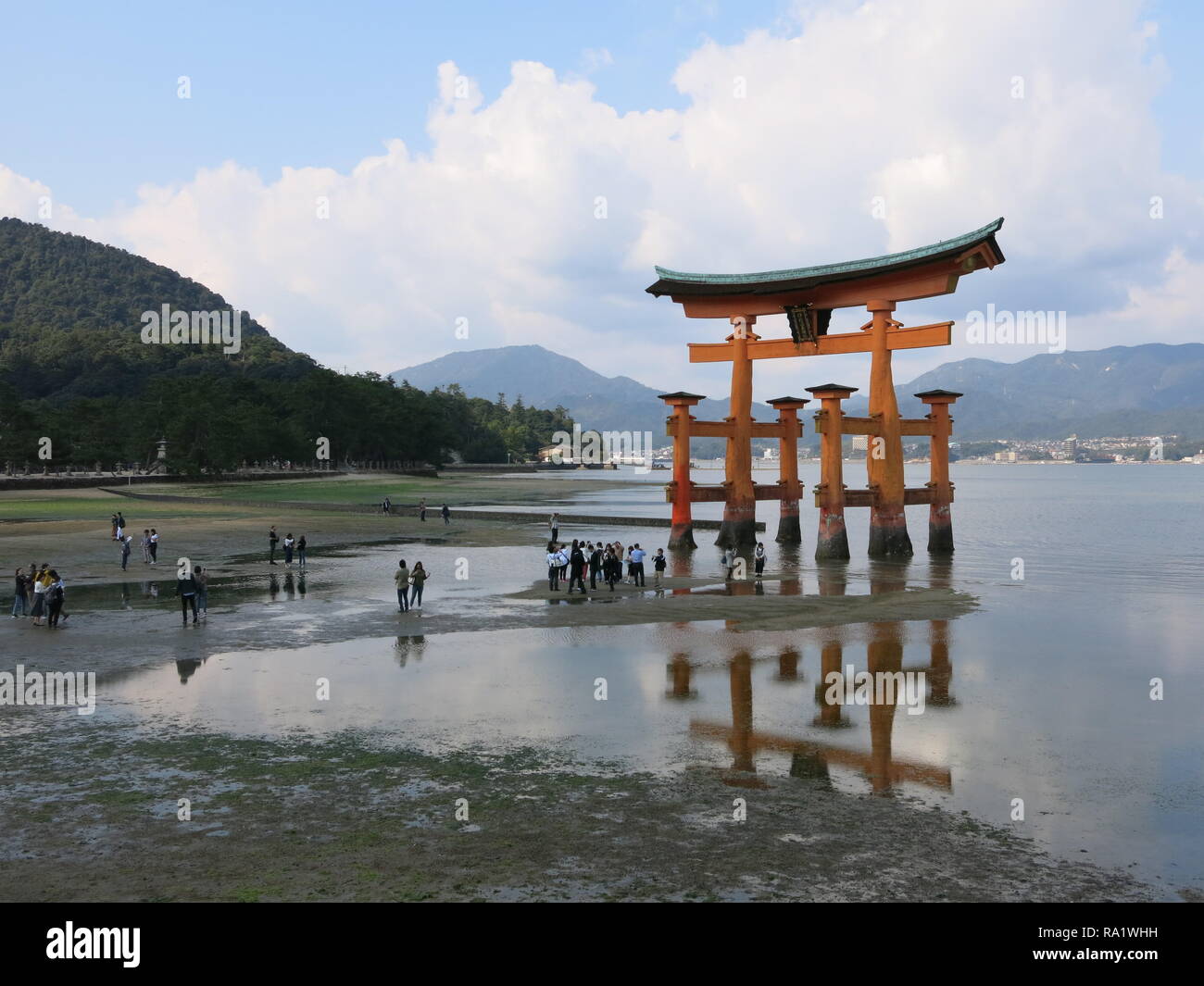 View of the iconic "floating" torii gate of Itsukushima Shrine at low ...