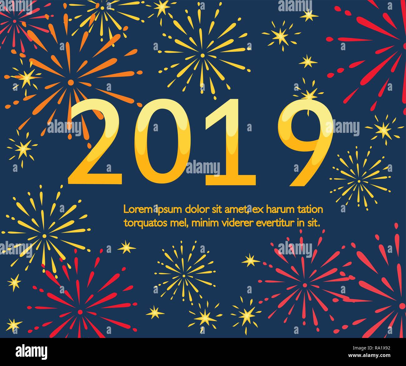 Abstract golden and red fireworks explosion with 2019 year numbers ...