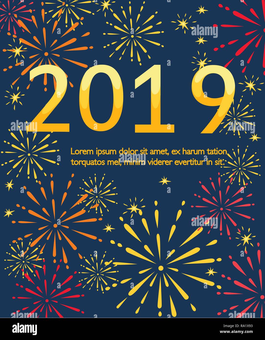 Abstract golden and red fireworks explosion with 2019 year numbers ...