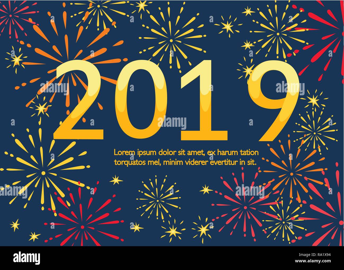 Abstract golden and red fireworks explosion with 2019 year numbers ...