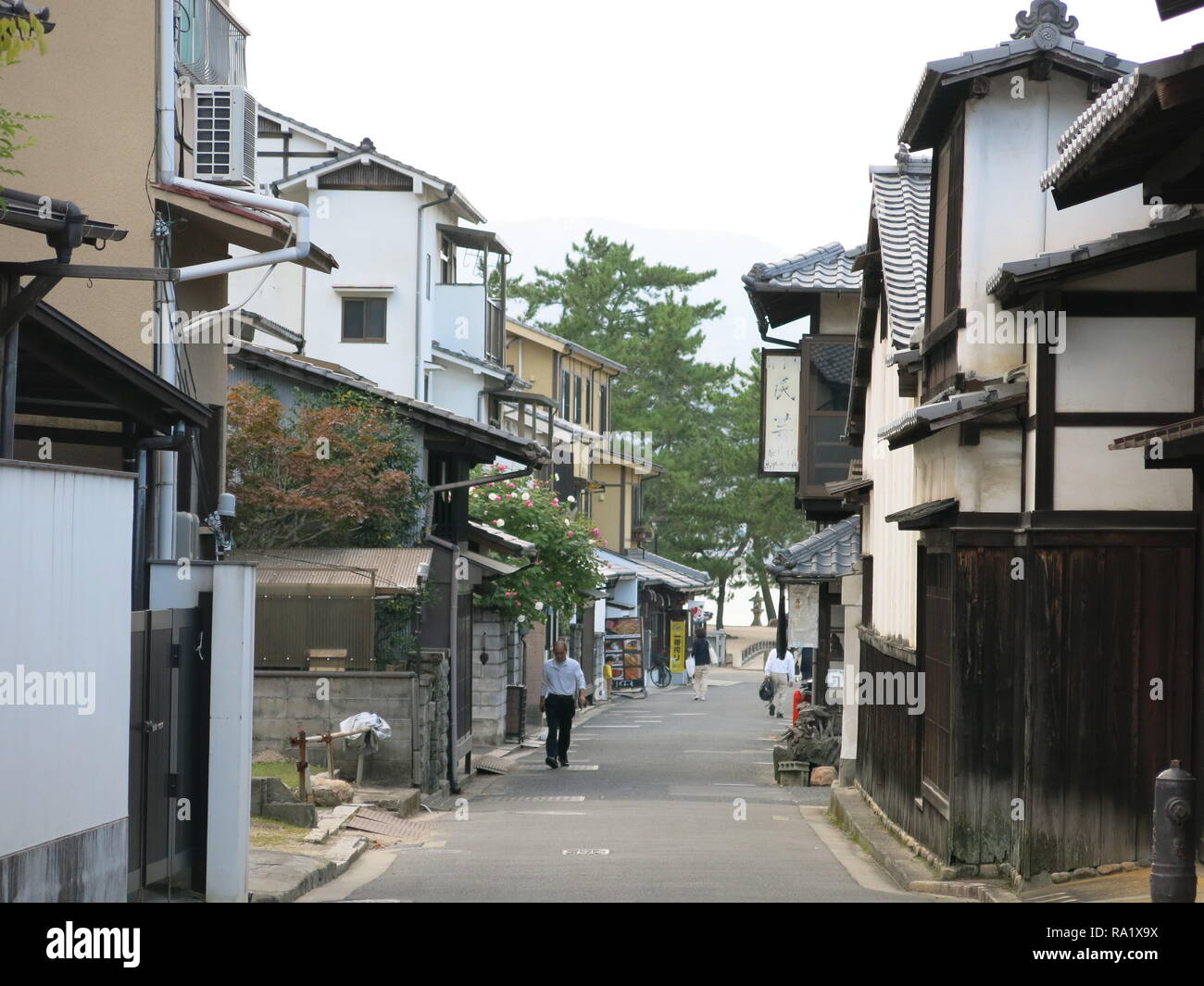 Typical street scene, Miyajima Island; Japanese style of buildings with ...