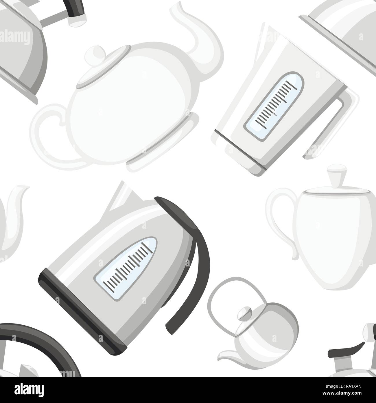Seamless pattern. Modern kettle and teapot icon collection. Stainless steel, plastic and ceramic ...