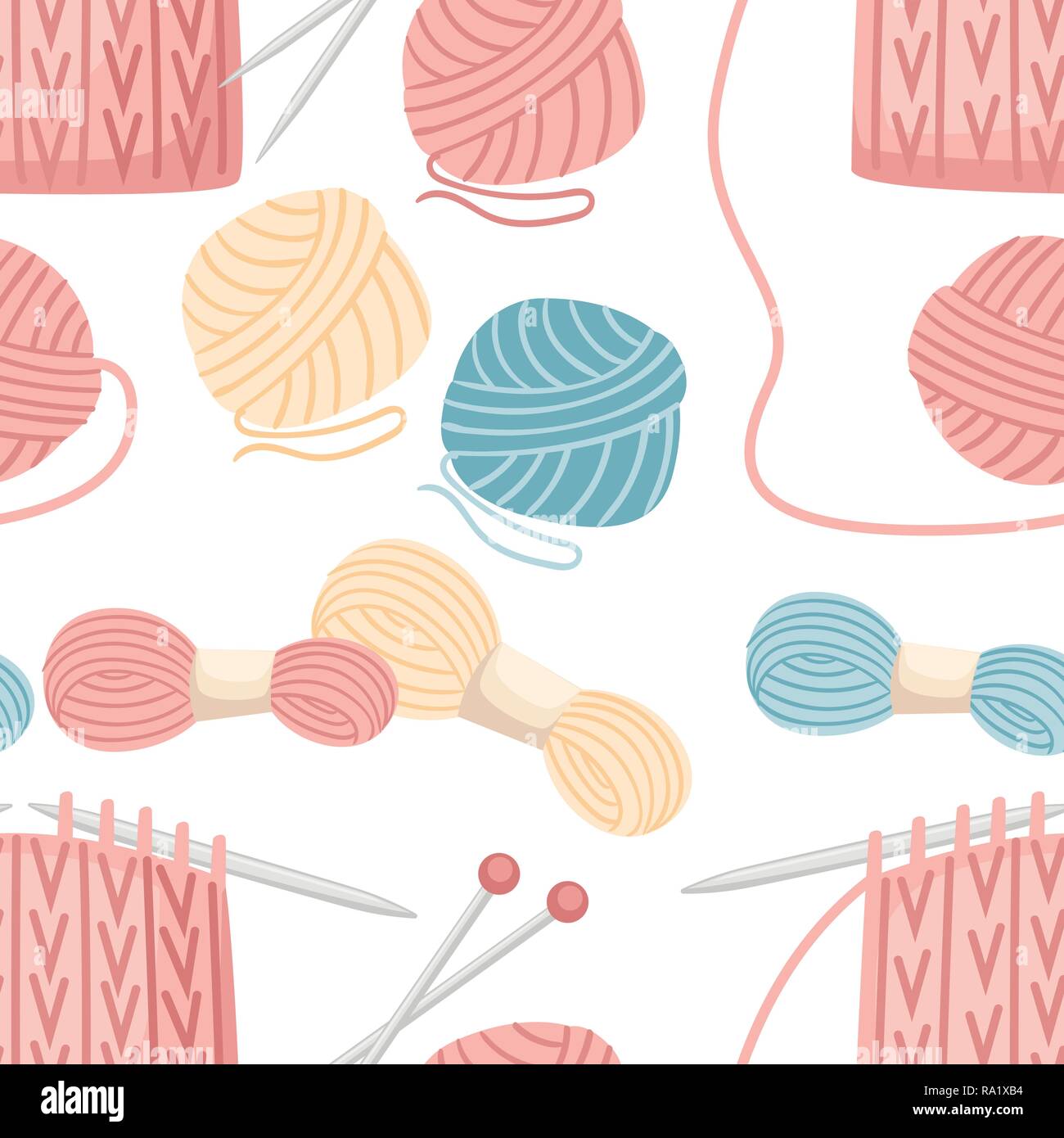 Seamless pattern. Set tools for sewing knitting needles. Balls of yarn ...