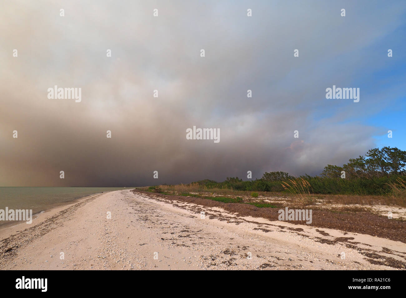 Smoke from a wildfire over the beach and Gulf of Mexico on East Cape ...