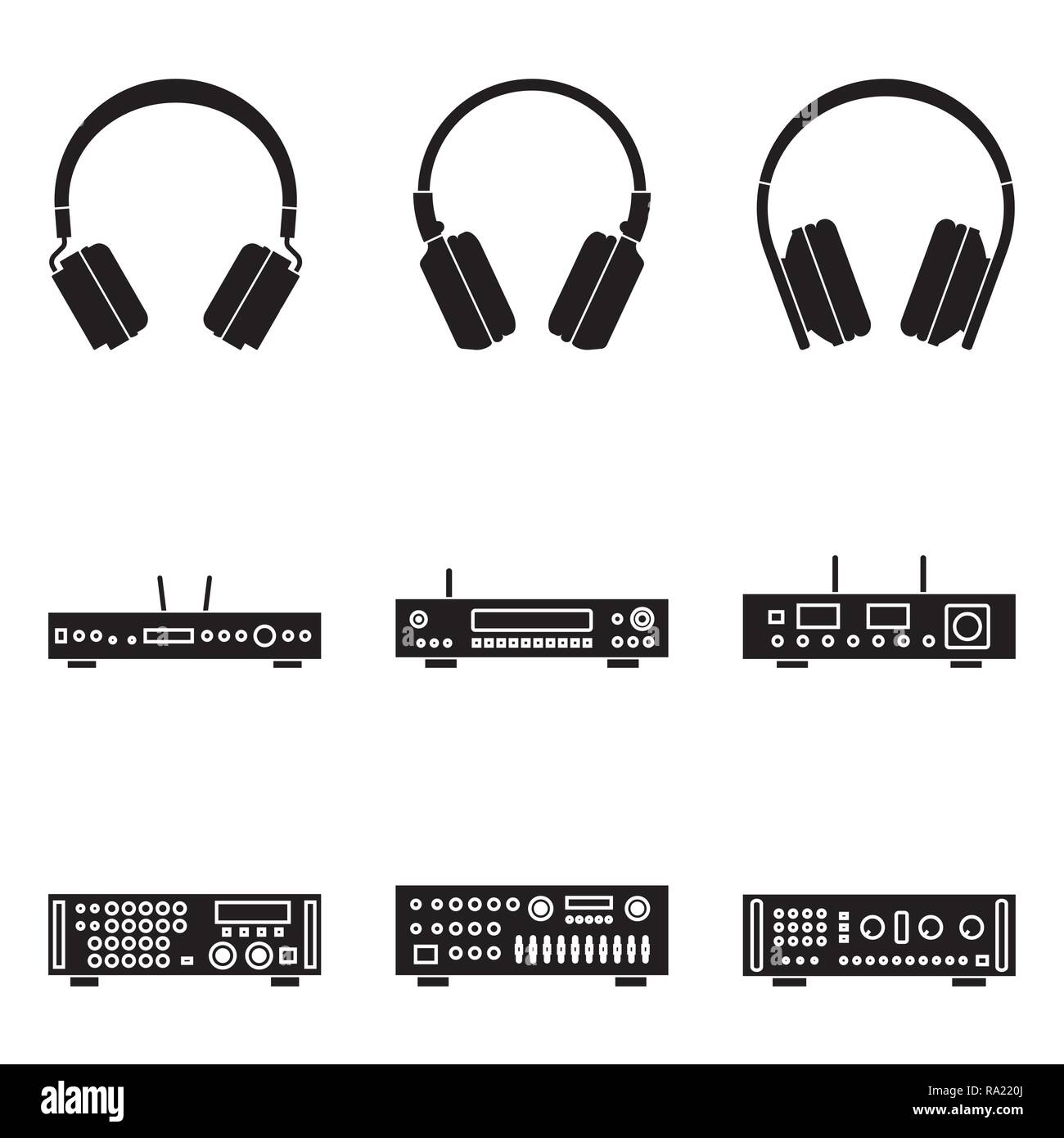 Audio equipment. Amplifier, player and headphone. Silhouette vector ...