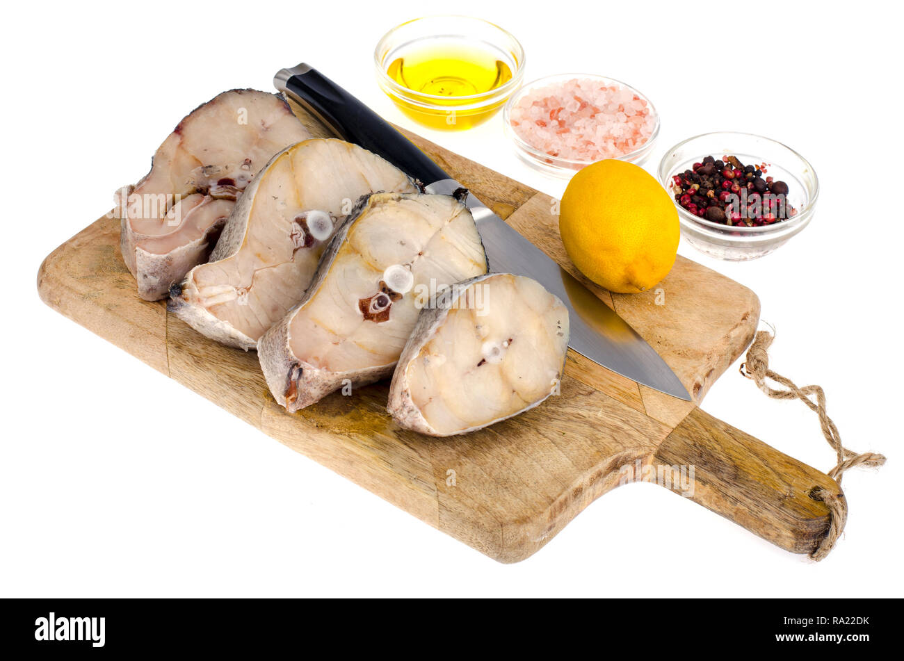 Frozen white fish steaks, cooking ingredients. Studio Photo Stock Photo ...