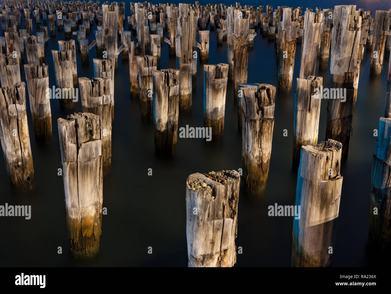 Old jetty posts at night sticking out of deep blue water, long exposure ...