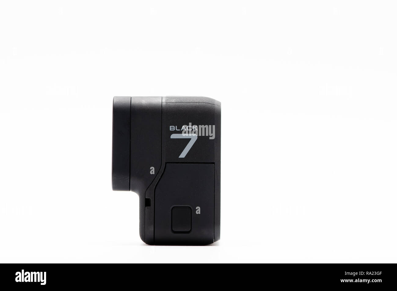 close up on a brand new Gopro Hero 7 black side view in white ...
