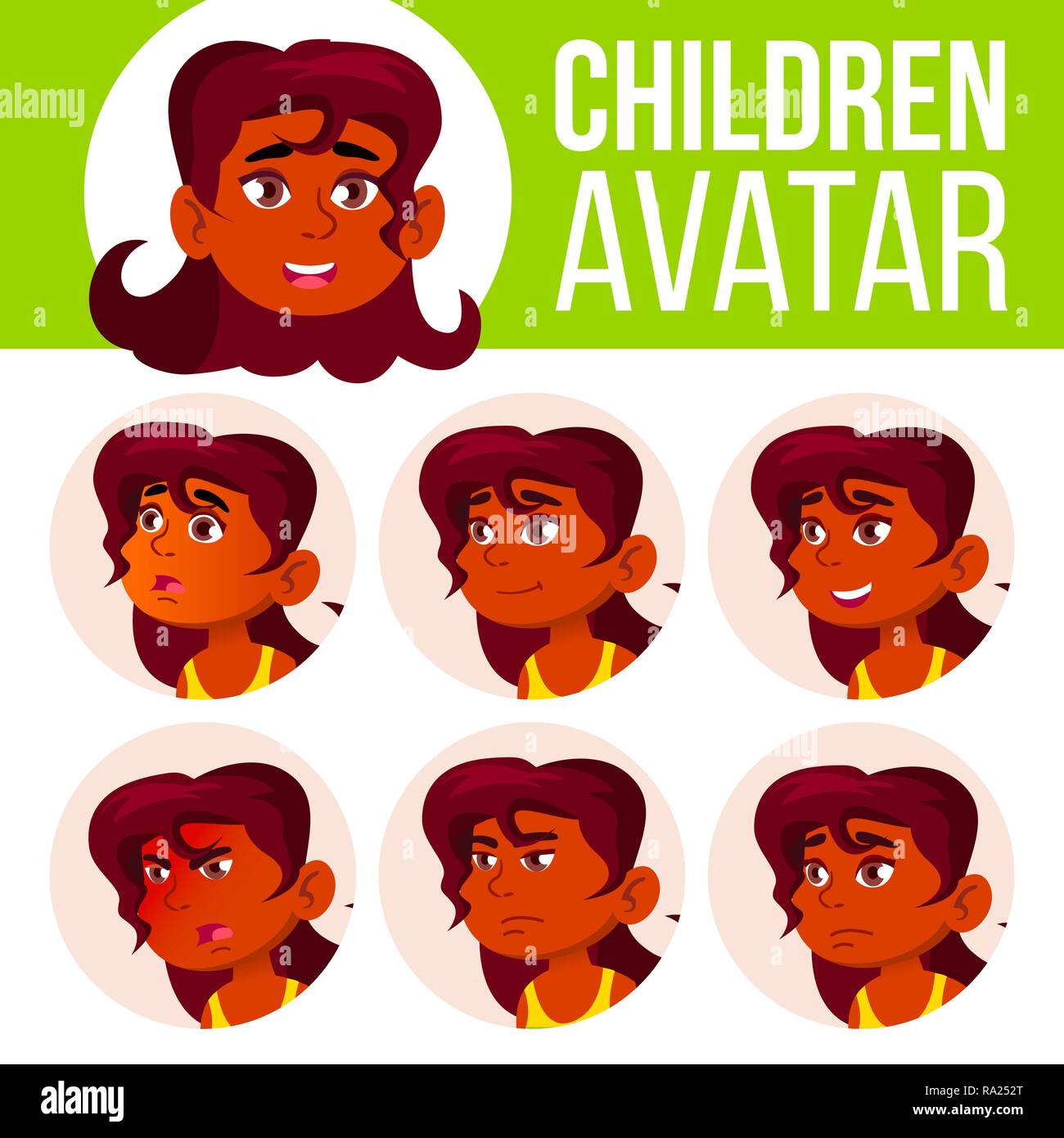 Indian Girl Avatar Set Kid Vector. High School. Hindu Face Emotions ...