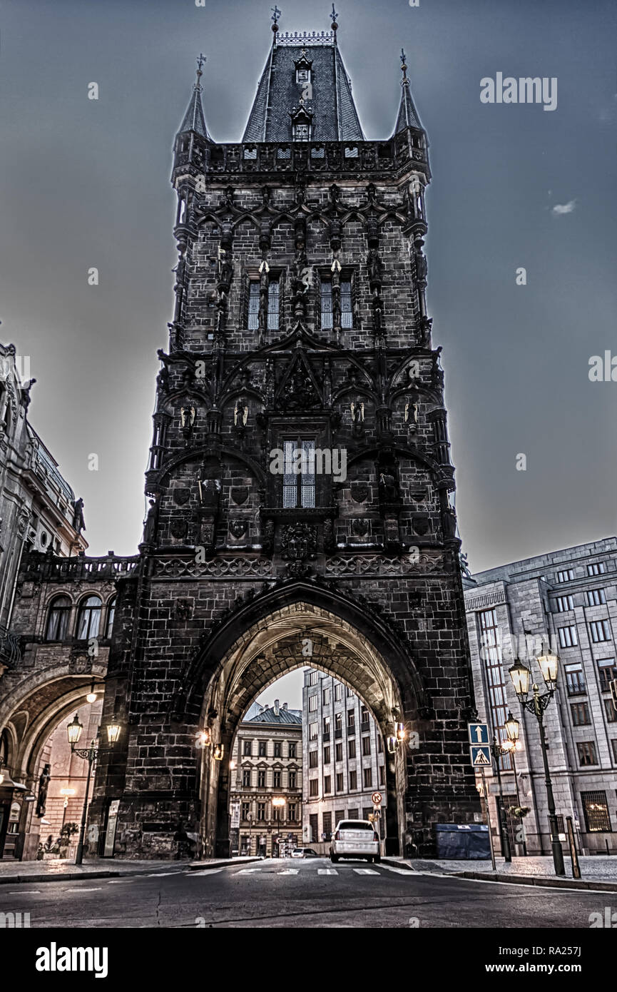 Powder Gate in Prague, mysterious night view Stock Photo - Alamy