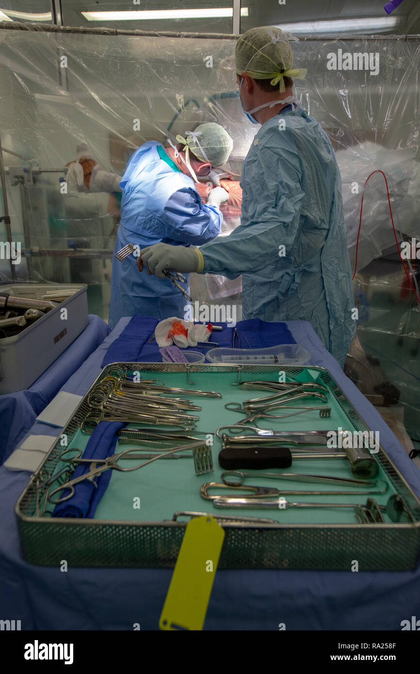 Surgeons perform an operation at an NHS Hospital operating Theatre ...