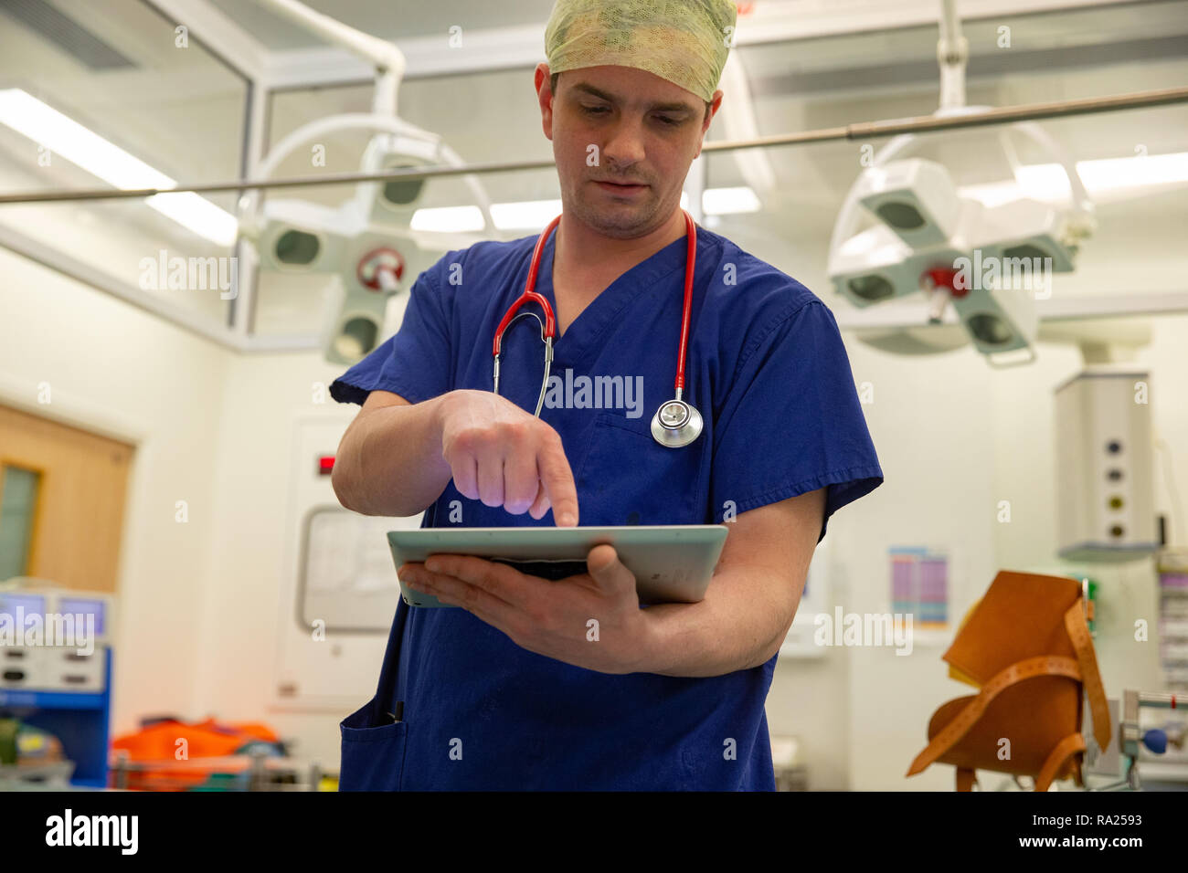 Hospital NHS doctor checks a patient's notes and details on his iPad in ...