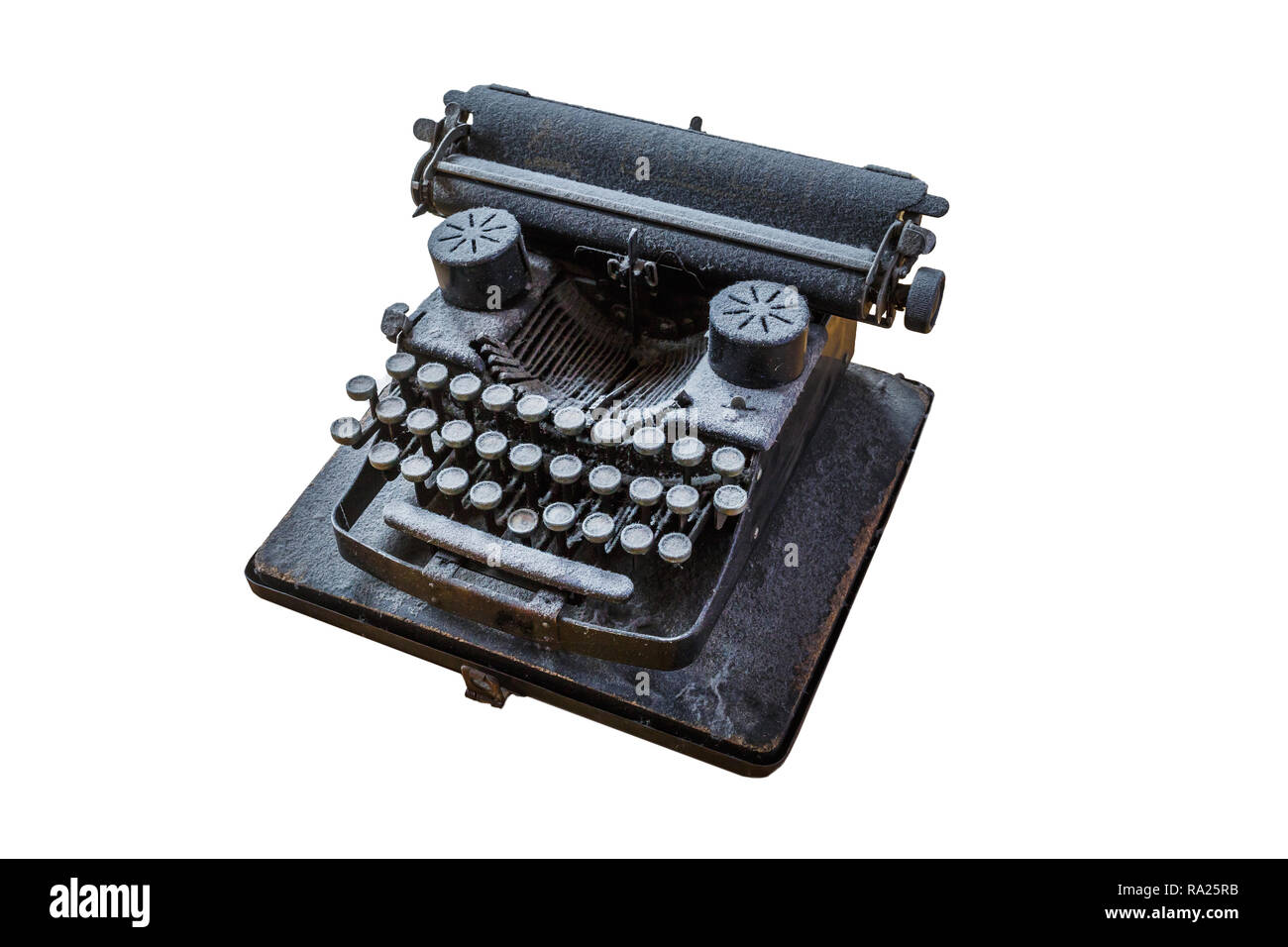 old vintage dust-covered typewriter with sheet of paper isolated on ...