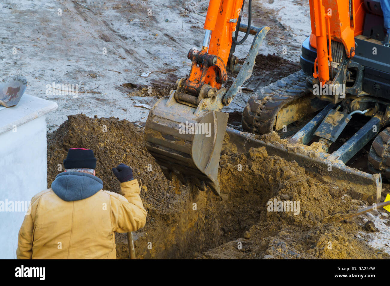 Outdoor work : Excavator digging to moving the soil in construction ...