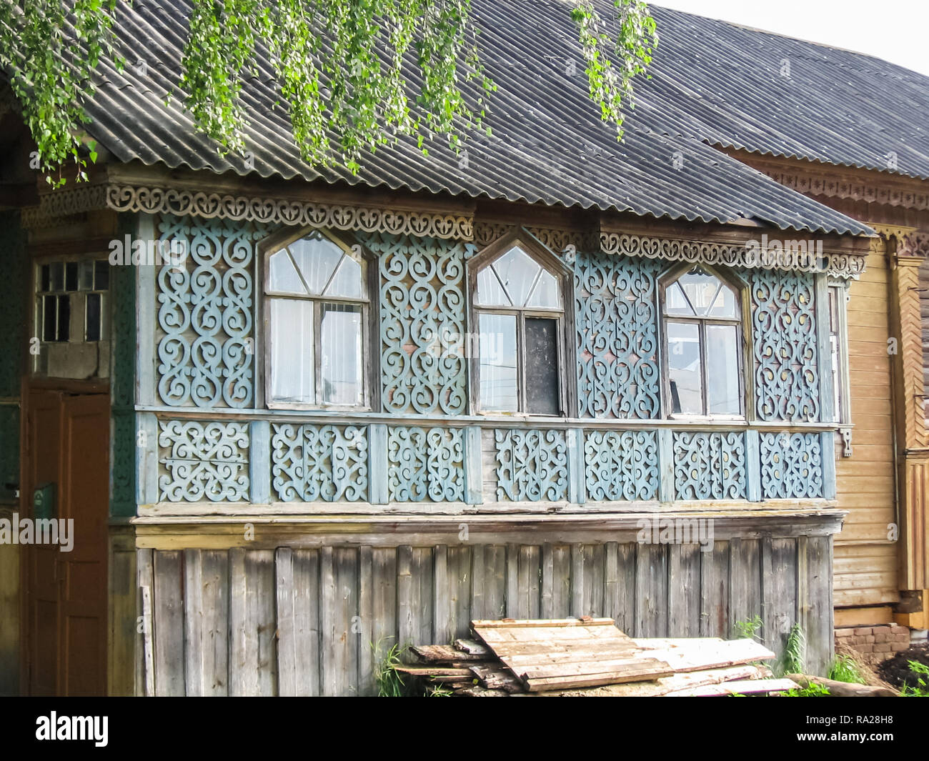 Plinths of windows of wooden houses. Ancient style of decoration of ...