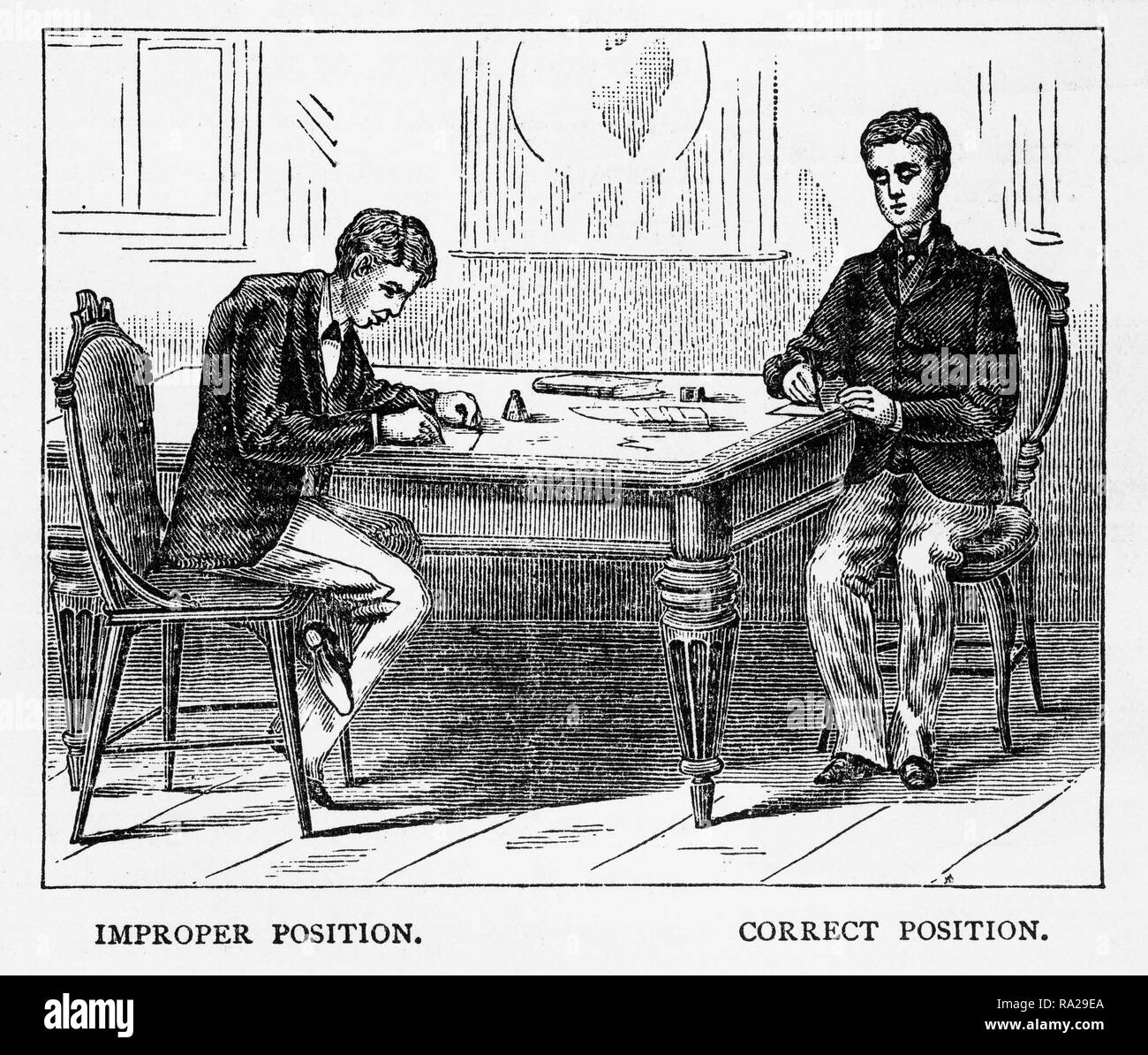 Proper Posture While Sitting at a Table Victorian Engraving, 1879 Stock ...