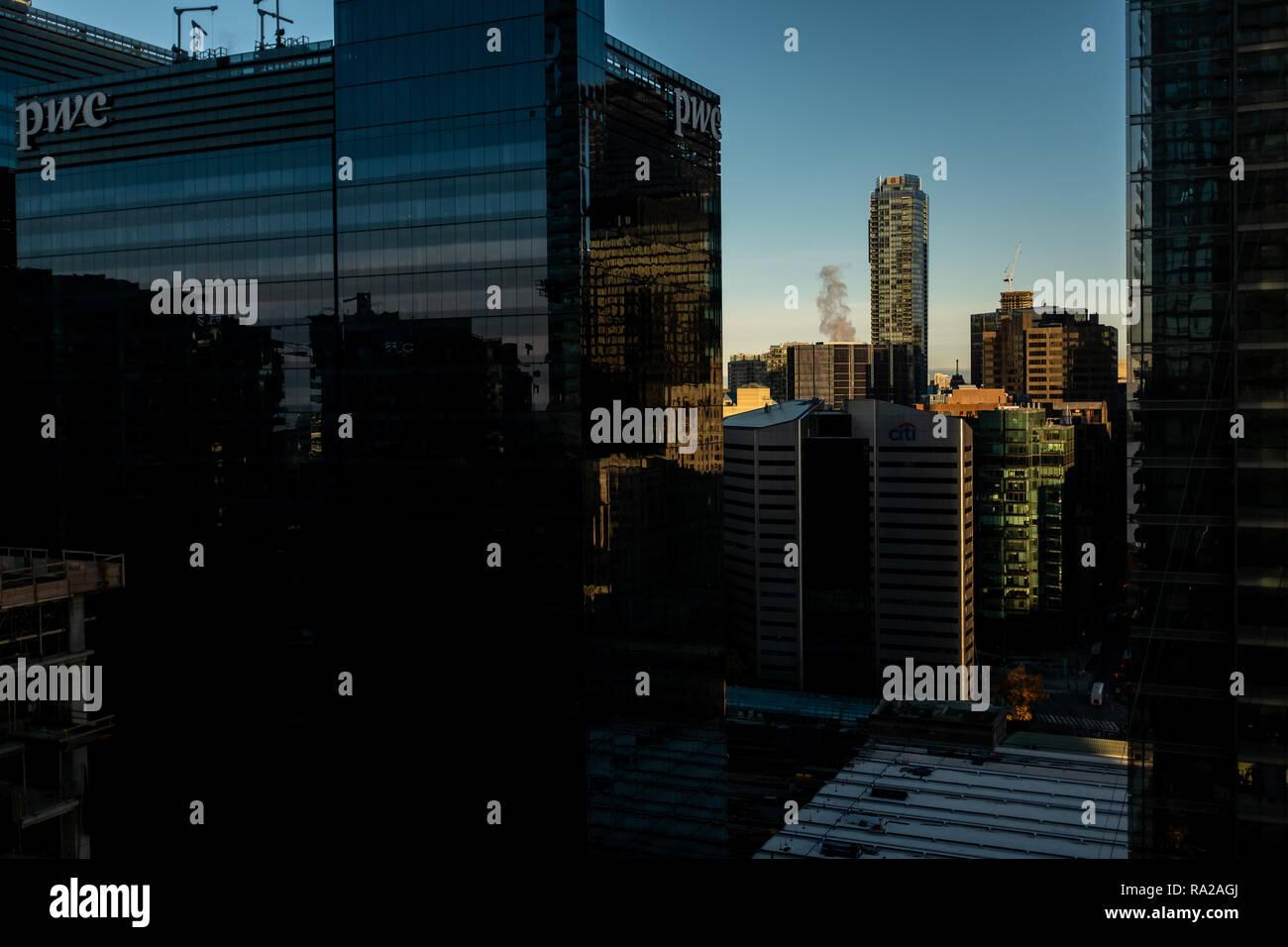 An elevated view of the Toronto Skyline as seen from Maple Leaf Square ...