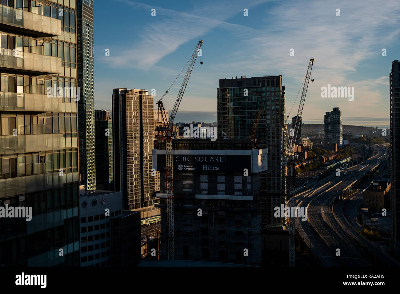 An elevated view of the Toronto Skyline as seen from Maple Leaf Square ...