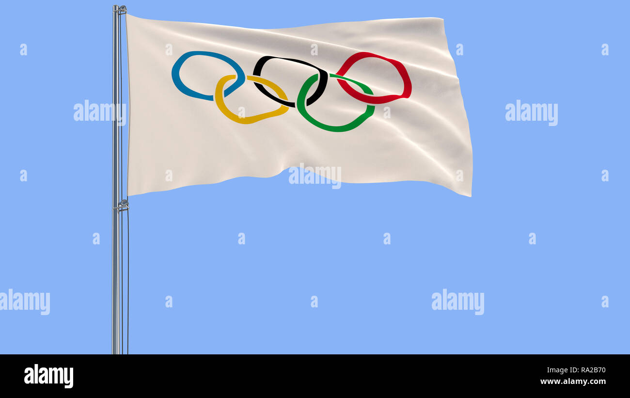 DECEMBER 10, 2017: 3D illustration of Olympic Games flag on a flagpole ...