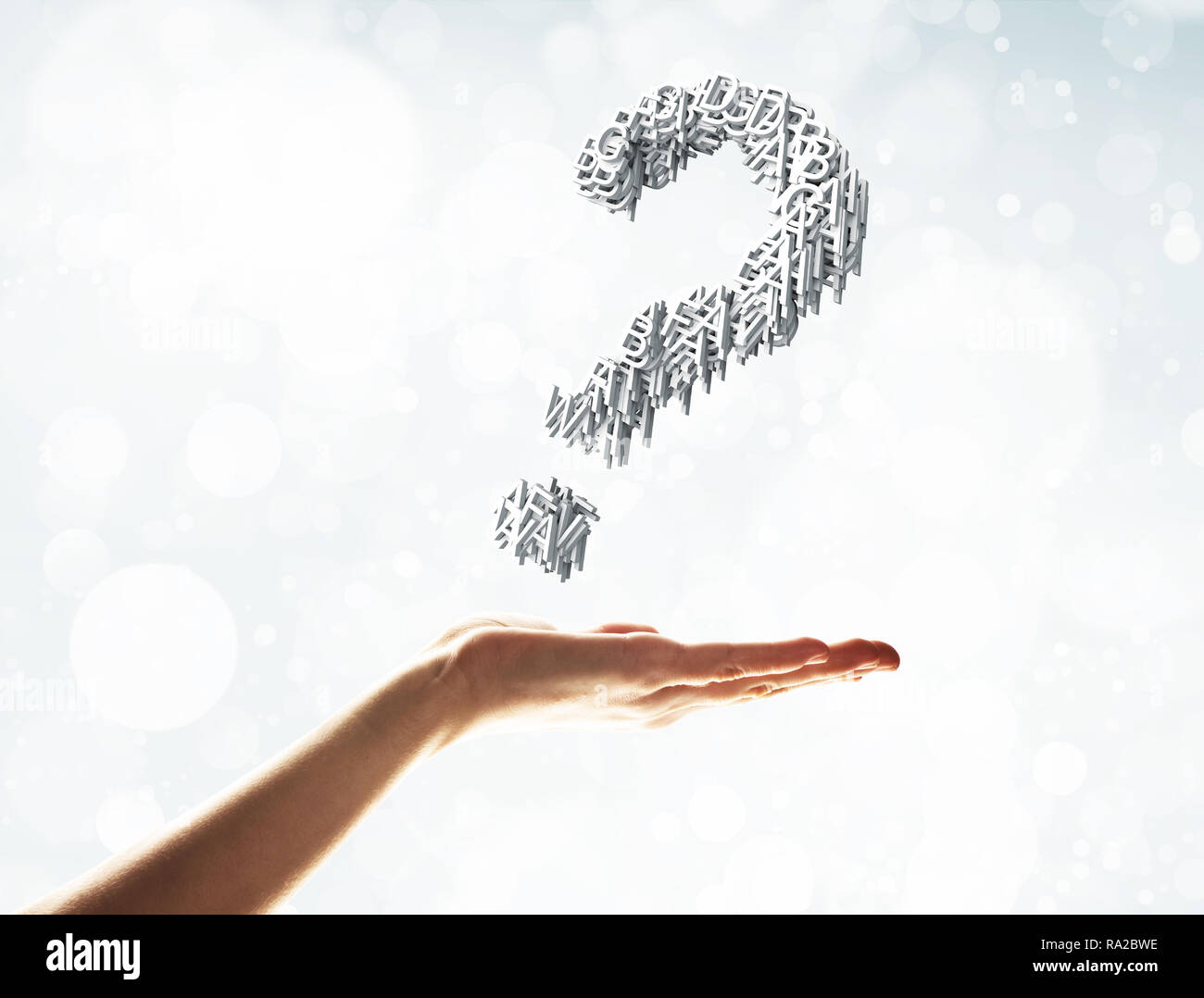 Answer all your questions concept presented by question sign in palm ...