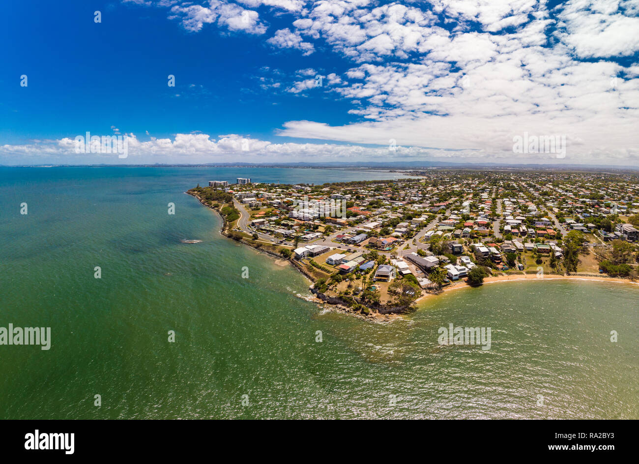 Aerial drone view of Suttons Beach, Redcliffe, Queensland, Australia ...