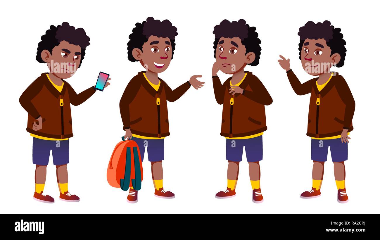 Boy Schoolboy Set Vector. Black. Afro American. Cute Child. Happiness ...