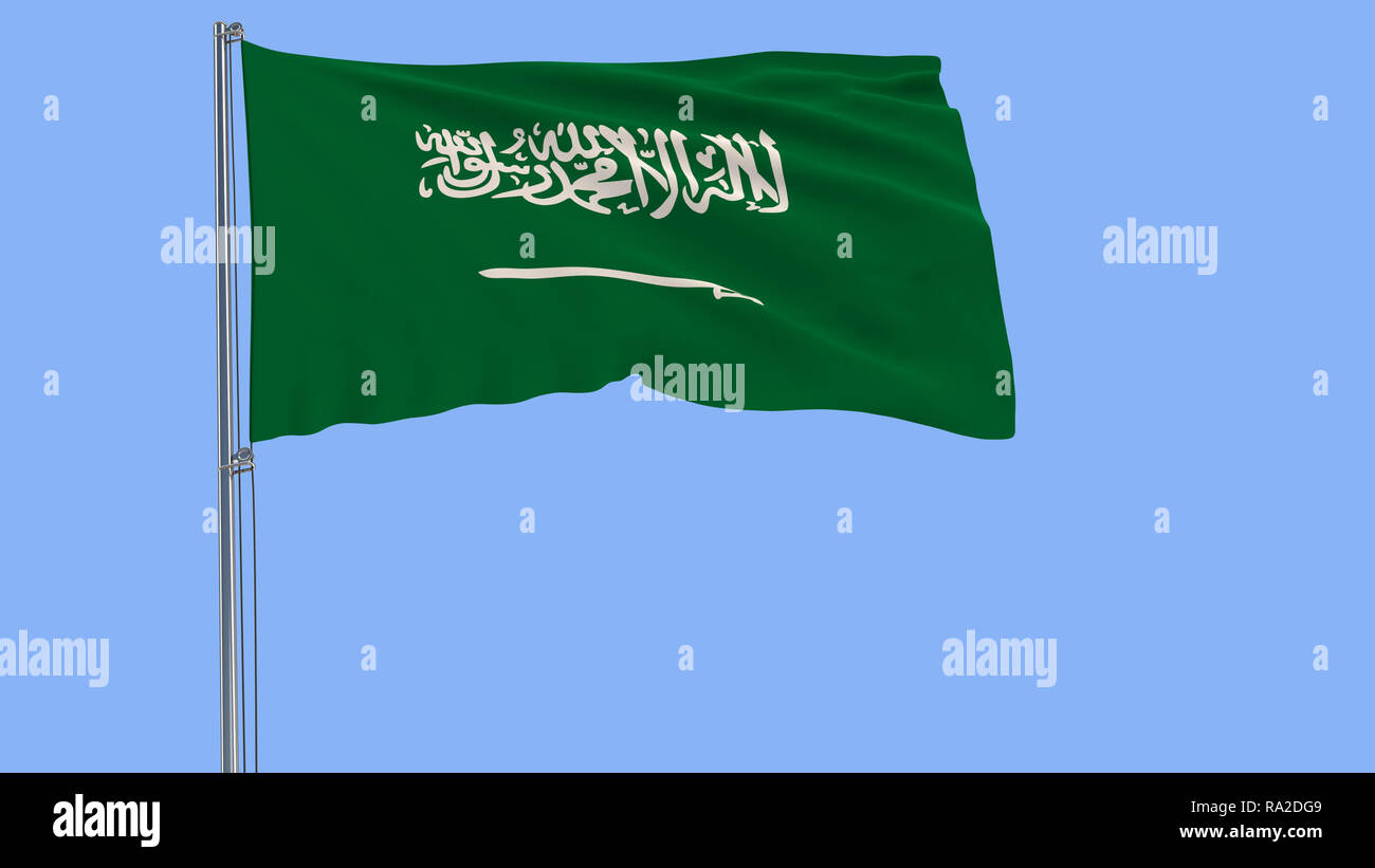 Flag of Saudi Arabia on a flagpole fluttering in the wind on a blue ...