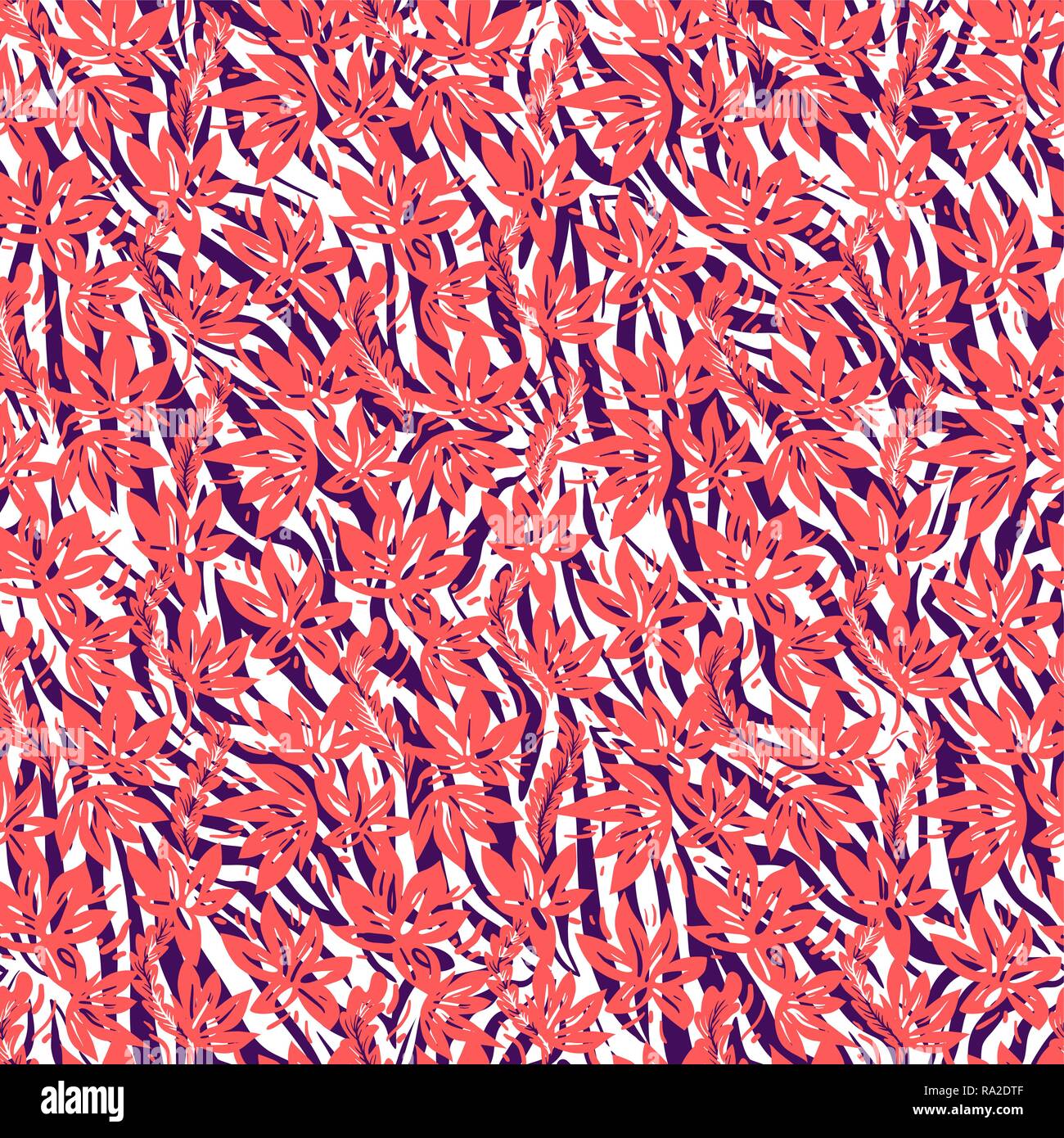 Vector seamless coral color background. Flowers and zebra striped ...