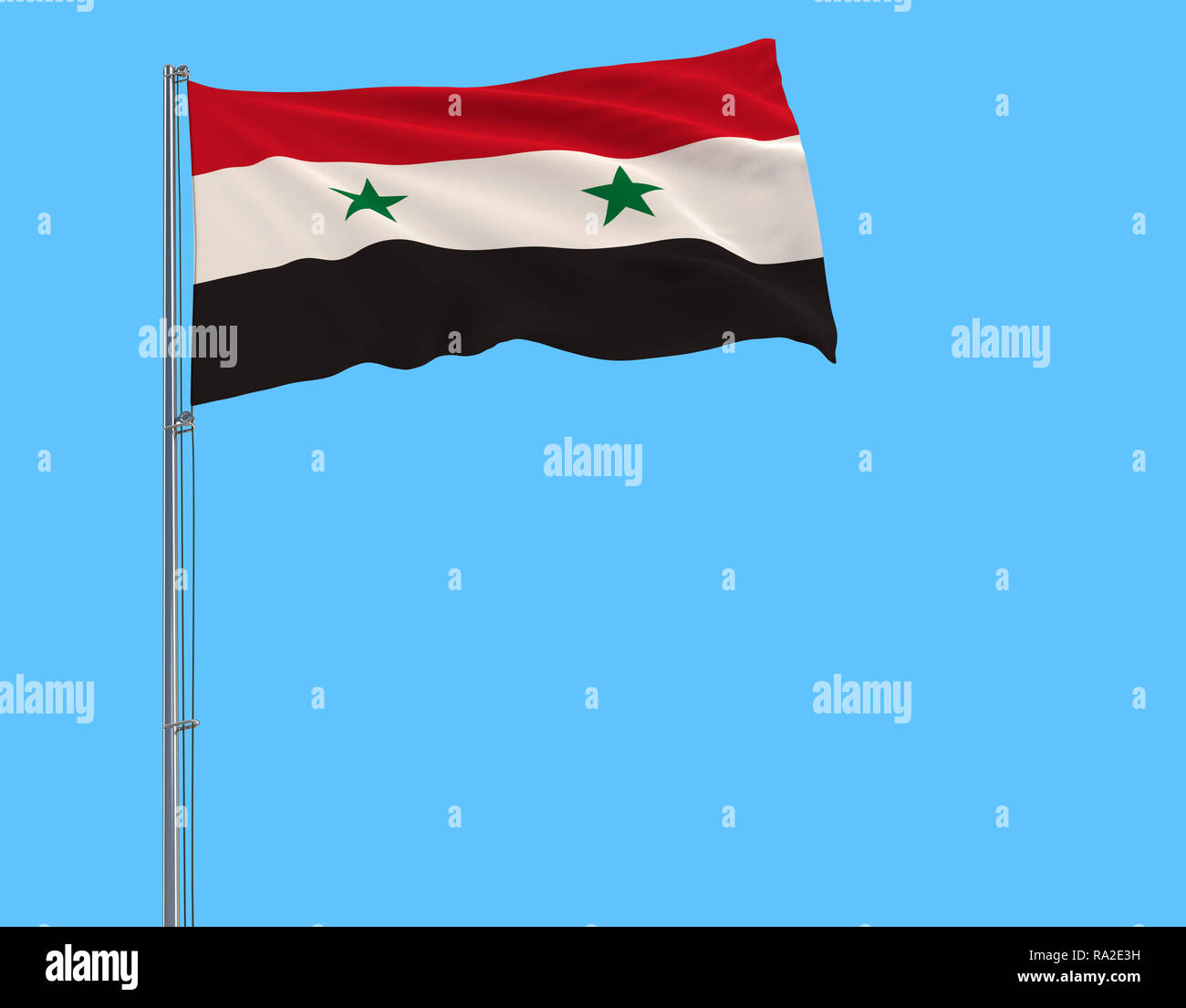 Flag of Syria on the flagpole fluttering in the wind on a pure blue ...