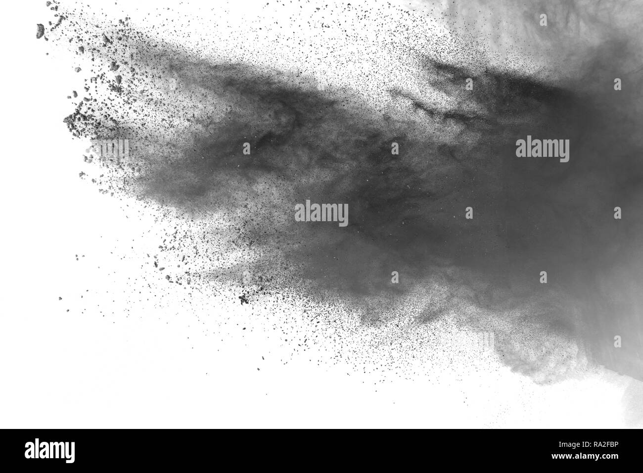 Black particles splatter on white background. Black powder dust ...